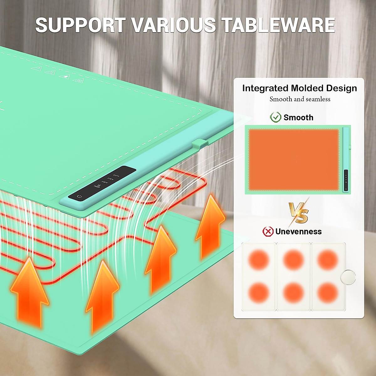 Electric Warming Tray - 3 Modes &Full Surface Heating,Rollable & Portable,Premium Silicone Nano-Material,3 Temperature Settings,Auto Shut-Off -Versatile Food Warmer for Gatherings,Parties (Green)
