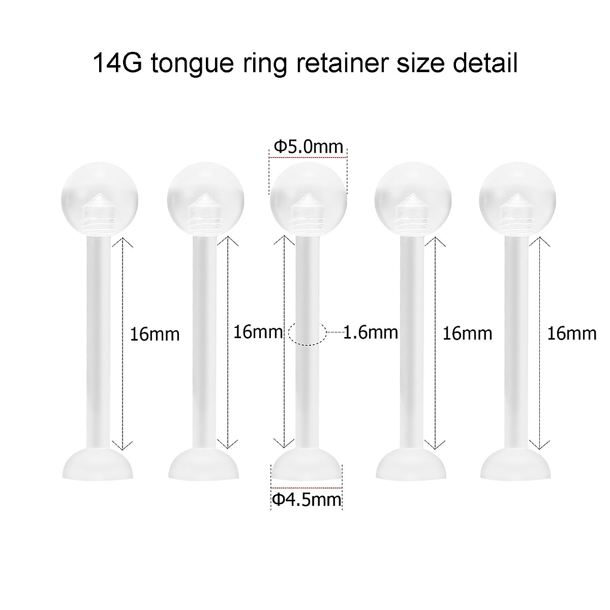 NewkeepsR 5pcs-14G(1.6mm) Thickness, 16mm(5/8'') Length, Bioplast Flexible Clear Tongue Ring Plastic Retainer, Unnoticeable Flat Labret Spacers