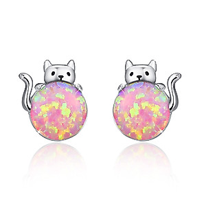 Cat Earrings for Women 925 Sterling Silver Cute Kitty Earrings Hypoallergenic Stud Earrings for Sensitive Ears Opal Small Studs Earrings Cute Kitten Jewelry for Women Daughter Birthday