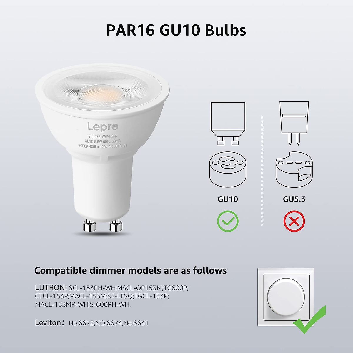 Lepro GU10 LED Bulb Dimmable, 50W Halogen Equivalent Light Bulbs, 5.5W 3000K Soft Warm Light Replacement for Recessed Track Lighting,40°Spotlight for Kitchen Range Hood Living Room & Bedroom, 6 Pack