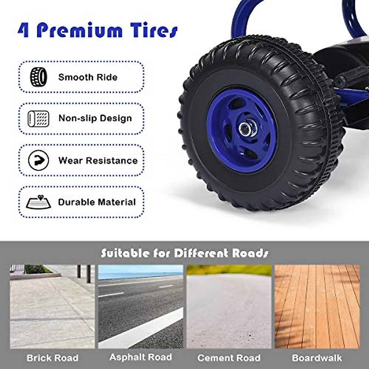 HONEY JOY Go Kart for Kids, 4 Wheel Pedal Powered Go Cart with Steering Wheels & Adjustable Seat, Safety Hand Brake, Non-Slip Tires, Outdoor Off-Road Racer Ride On Pedal Car for Boy Girl (Blue)