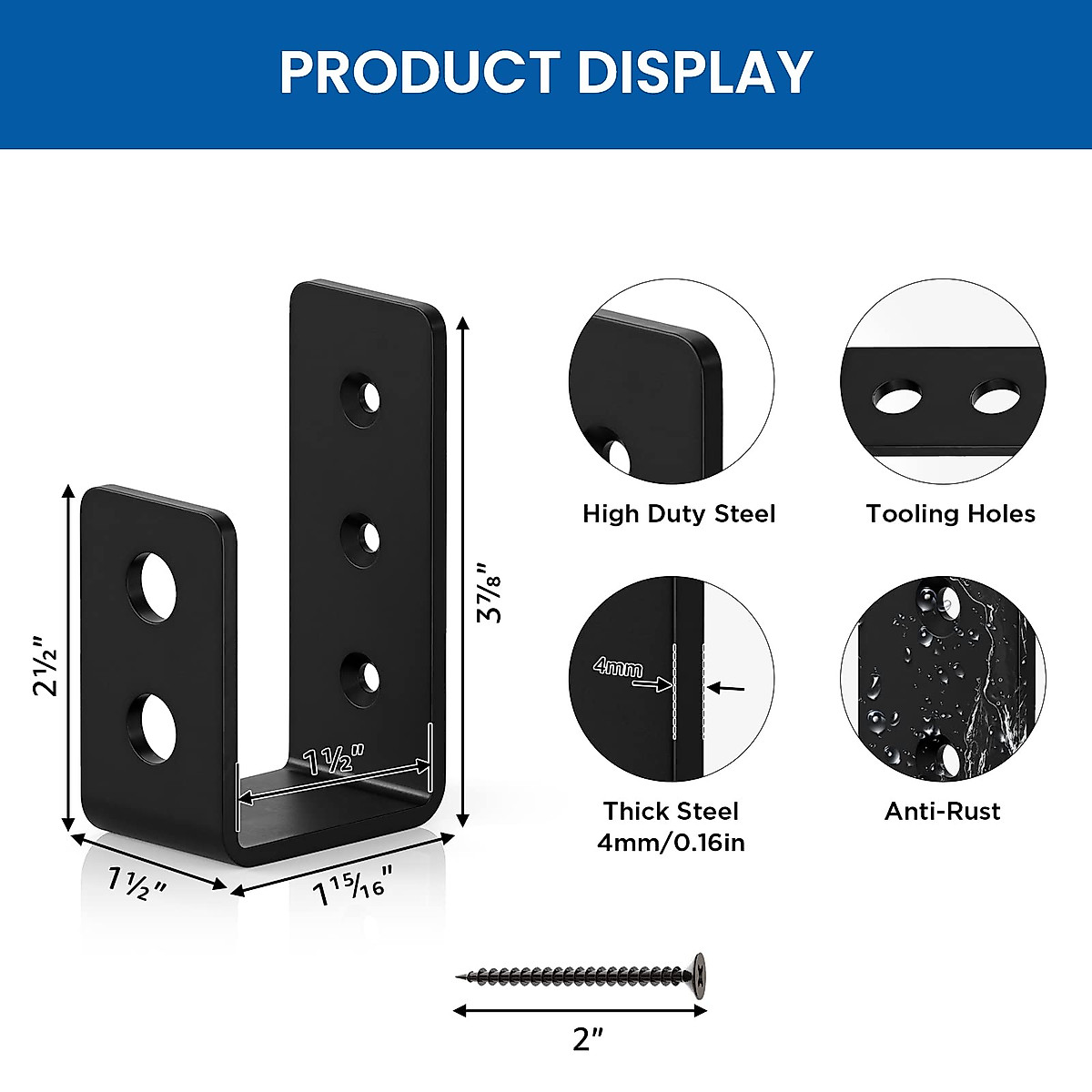 2 x 4 Door Barricade Brackets, SOCBAZZAR Heavy Duty Door Barricade Security Bar Holder U Bracket Fits 2 x 4 Lumber for Door Brace, Door Jammer, Tool Hanger - Carbon Steel, Black (2 Pack)