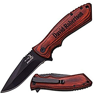 Blue Steel Personalized Laser Engraved Pocket Knife with Stonewashed Blade, Brown wood Handle with Pocket Clip, Gift for Him, Color Code- ER-004PW (ER-002PK)