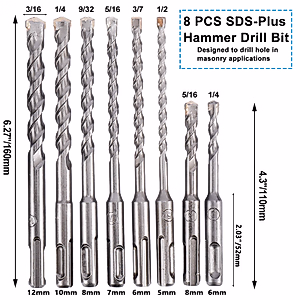 HighFree 11 Pieces SDS Plus Rotary Hammer Drill Bits Set Including Chisels Bits and Carbide Tip Twist Drill Point Bits for Brick, Cement and Concrete Demolition