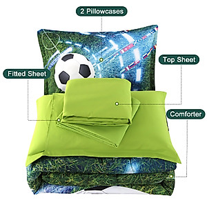 Wowelife Boys Full Soccer Bedding Set, Green Comforter Set Full 5 Pieces, Playground Soccer Comforter Full, Comfortable and Breathable for Teens and Adults