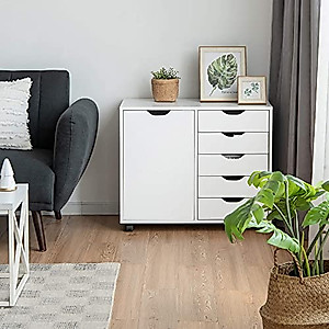 Giantex Drawers Cabinet Mobile Lateral Filing Organizer with 5 Drawers,1 Side Cabinet and Wheels Mobile Chest for Home Office Storage Use Dresser (31”x 15.5” x 25.5”, White)