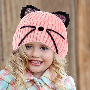 Girls Sequin Cat Ears Hats Cute Winter Beanies Hat for Outdoor Snow Ski Warm Knit Caps (Age 7-15)