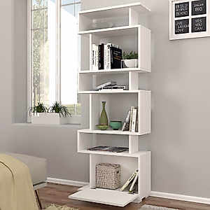 DORPEK Balance Bookcase 6-Tier S-Shaped Bookshelf, Freestanding Wooden Bookcase, Modern Decorative Storage Display Shelf for Living Room & Bedroom, White