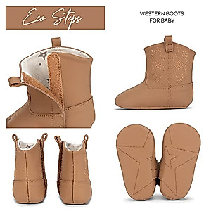 JuJuBe Eco Steps Baby Booties, Western Cowgirl or Cowboy Boots for Babies & Infants, Baby Boy or Baby Girl Shoe, Machine Washable Vegan Leather Baby Shoes, Brulee Brown - 6-9 Months