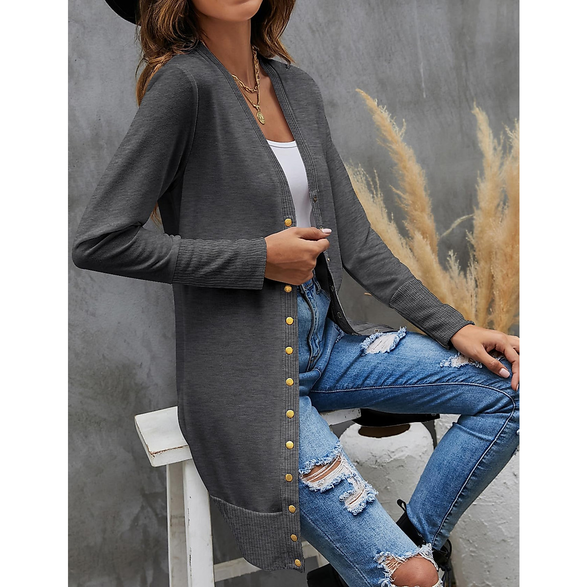 Halife Light Weight Cardigan Sweaters for Women Casual Cuff Long Sleeve Snap Button Cardigan for Work Office Charcoal Gray M