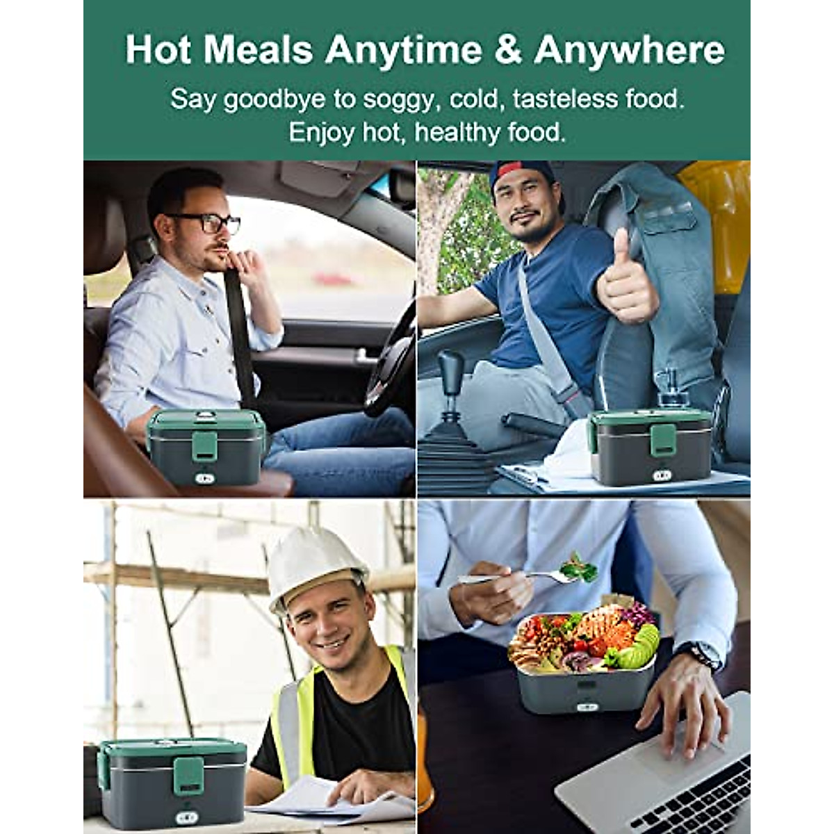 70W Faster Electric Heated Lunch Box[2023 Upgrade], Car Truck Food Warmer, 1.8L Larger Capacity 304 Stainless Steel Container for Car and Home/Office, with Carry Bag and Fork & Spoon (Grey+Green)