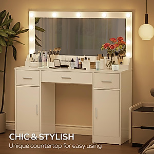 MIRROTOWEL 47.5” Vanity Desk with Large Mirror, 3 Colour Lighting Modes, Adjustable Brightness, Dresser with 3 Drawers & 2 Vertical Cabinets, Makeup Vanity Table for Women Girls White