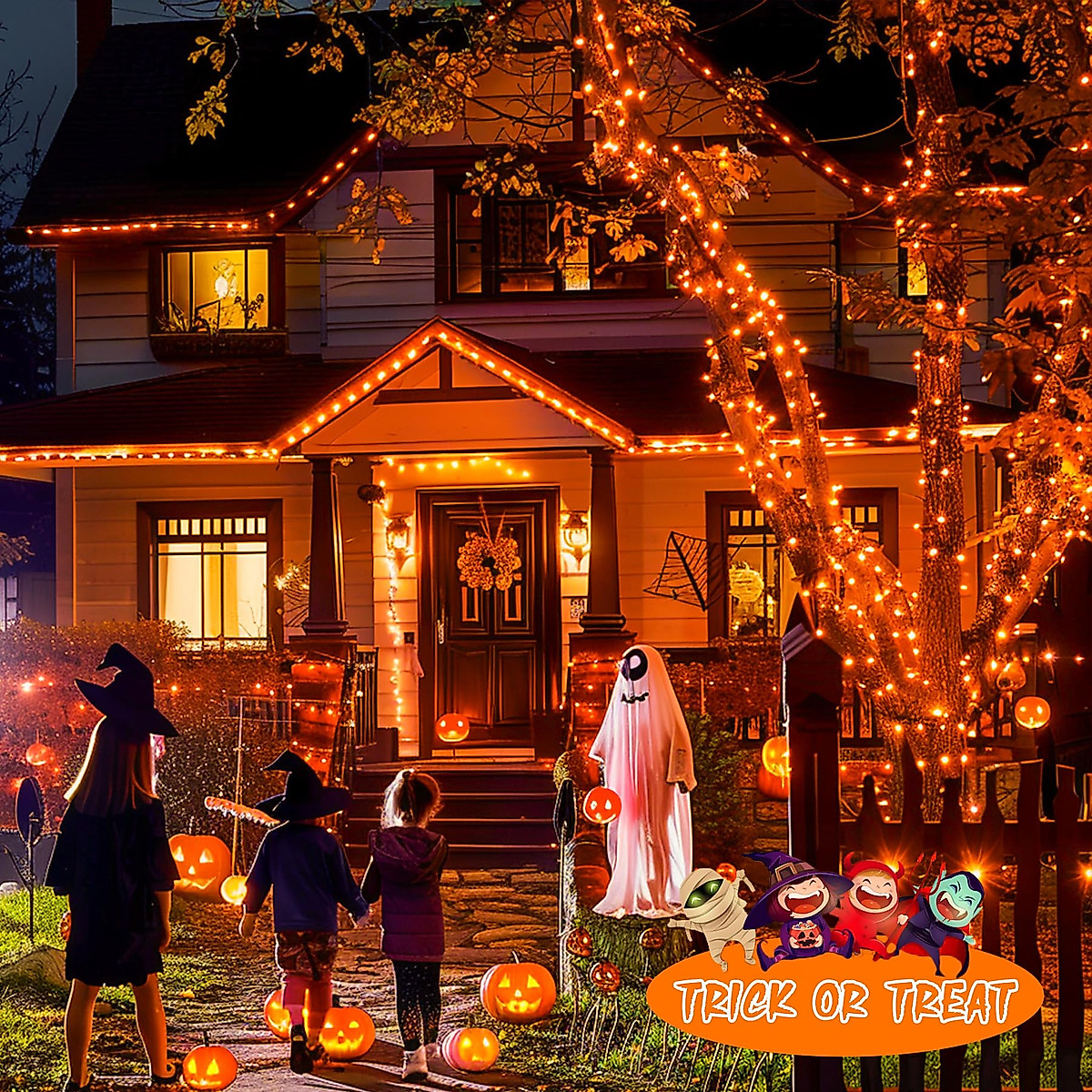 JMEXSUSS 2 Pack Orange Solar Halloween Lights, Total 400 LED 151FT Solar String Lights Outdoor Waterproof, 8 Modes Halloween Lights for Outside Tree Patio Yard Garden Halloween Decorations