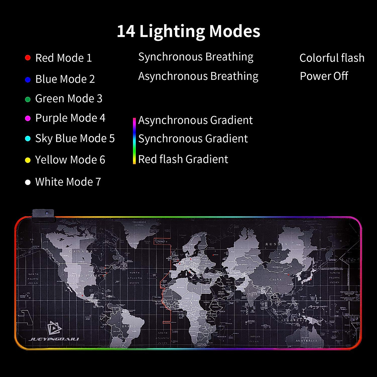 JYZZ RGB Gaming Mouse Pad - Large Led Keyboard Pad, Mouse Mat with HD Map, Smoothly Waterproof Surface, Non-Slip Rubber Base, 31.5"" X 11.8"" & 14 Light Modes