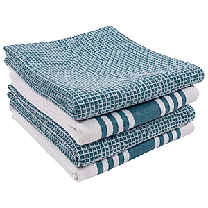 KAF Home Set of 4 Centerband and Waffle Flat Kitchen Towels | 18 x 28 Inch Absorbent, Durable, Soft, and Beautiful Kitchen Towels | Perfect for Messes and Drying Dishes - Teal
