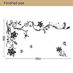 Supzone Flowers Vine Wall Decals Black Flower Wall Stickers Butterfly Floral Wall Decor Removable Vinyl DIY Home Wall Art Stickers for Bedroom Living Room Sofa Backdrop TV Wall Decoration