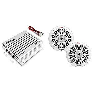 Pyle Hydra Marine Amplifier Upgraded Elite Series 400 Watt 4 Channel Audio Amplifier & 6.5 Inch Dual Marine Speakers - 2 Way Waterproof and Weather Resistant Outdoor Audio Stereo Sound System