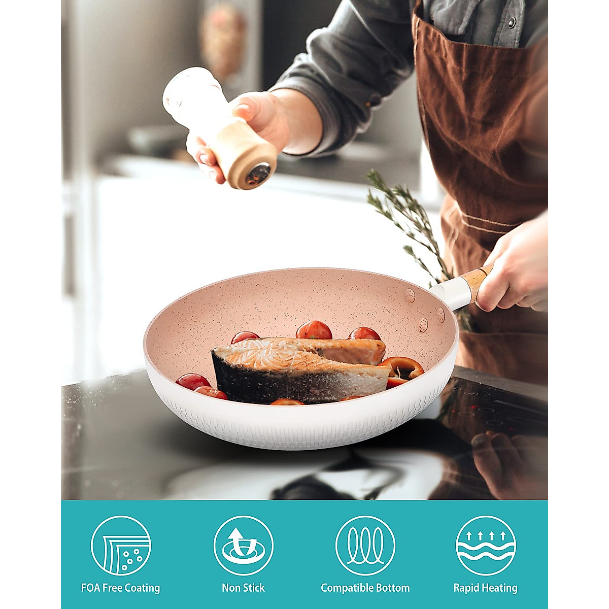 BUNDLEPRO Nonstick Frying Pan, Granite Coating Skillet with Wooden Handle, 9.4'' Induction Compatible White Aluminum Cookware for Cooking Fish, Egg, Chicken, Steak,Vegetables