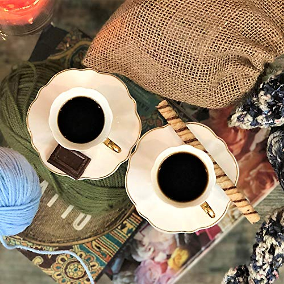 BTaT- Small Espresso Cups and Saucers, Set of 6 Demitasse Cups (2.4 oz) with Gold Trim and Gift Box, Small Coffee Cup, White Espresso Cup, Turkish Coffee Cup, Porcelain Espresso Cup