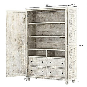 Khalifa Hand Carved Wardrobe Armoire - Weathered White Finish Mango Wood