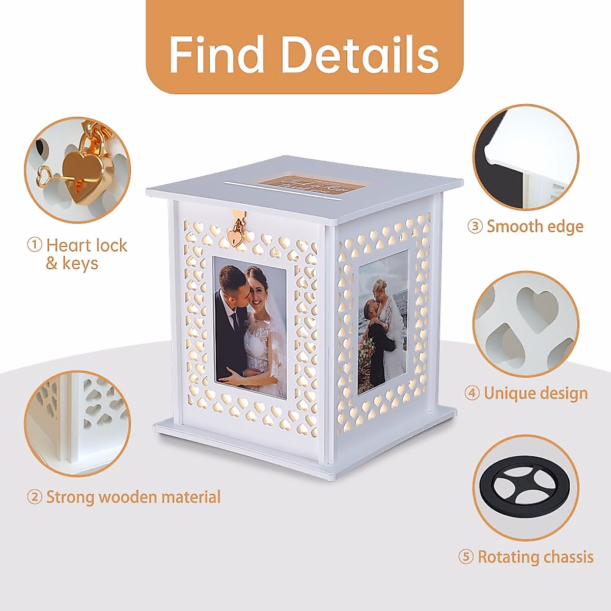 Large Wooden Wedding Card Box Gift Card Box for Reception Wedding Decoration Box with Photo Frame for 5*7 Photo- Envelope Post Money Gift Box Holder