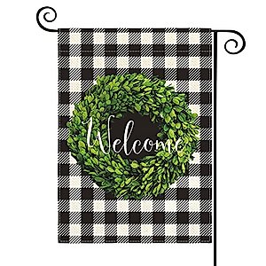 AVOIN colorlife Fall Boxwood Wreath Welcome Garden Flag 12x18 Inch Double Sided Outside, Small Burlap Buffalo Plaid Farmhouse Yard Outdoor Decoration