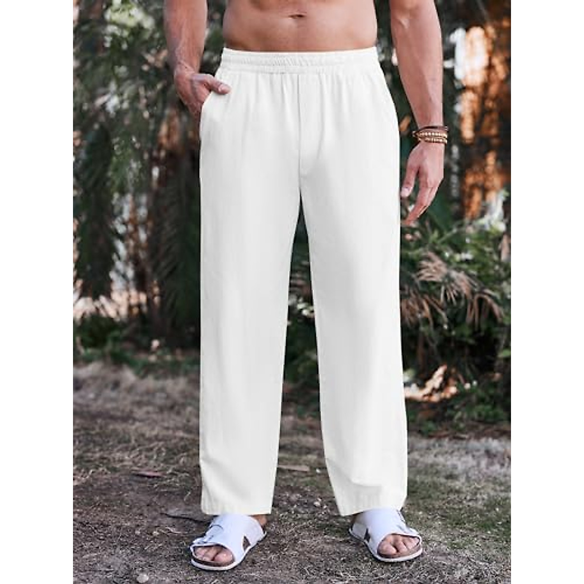 PASLTER Mens Linen Cotton Pants Casual Loose Fit Straight-Leg Lightweight Elastic Waist Beach Yoga Lounge Trousers for Men White