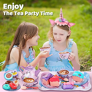 55Pcs Tea Party Set for Little Girls, Princess Tea Party Set, Unicorn Kid Tin Tea Set,Kids Kitchen Pretend Toy, Toddler Tea Party Sets for Girls 3-5, Girls Tea Party Set Gift for 4 + Year Old Girl