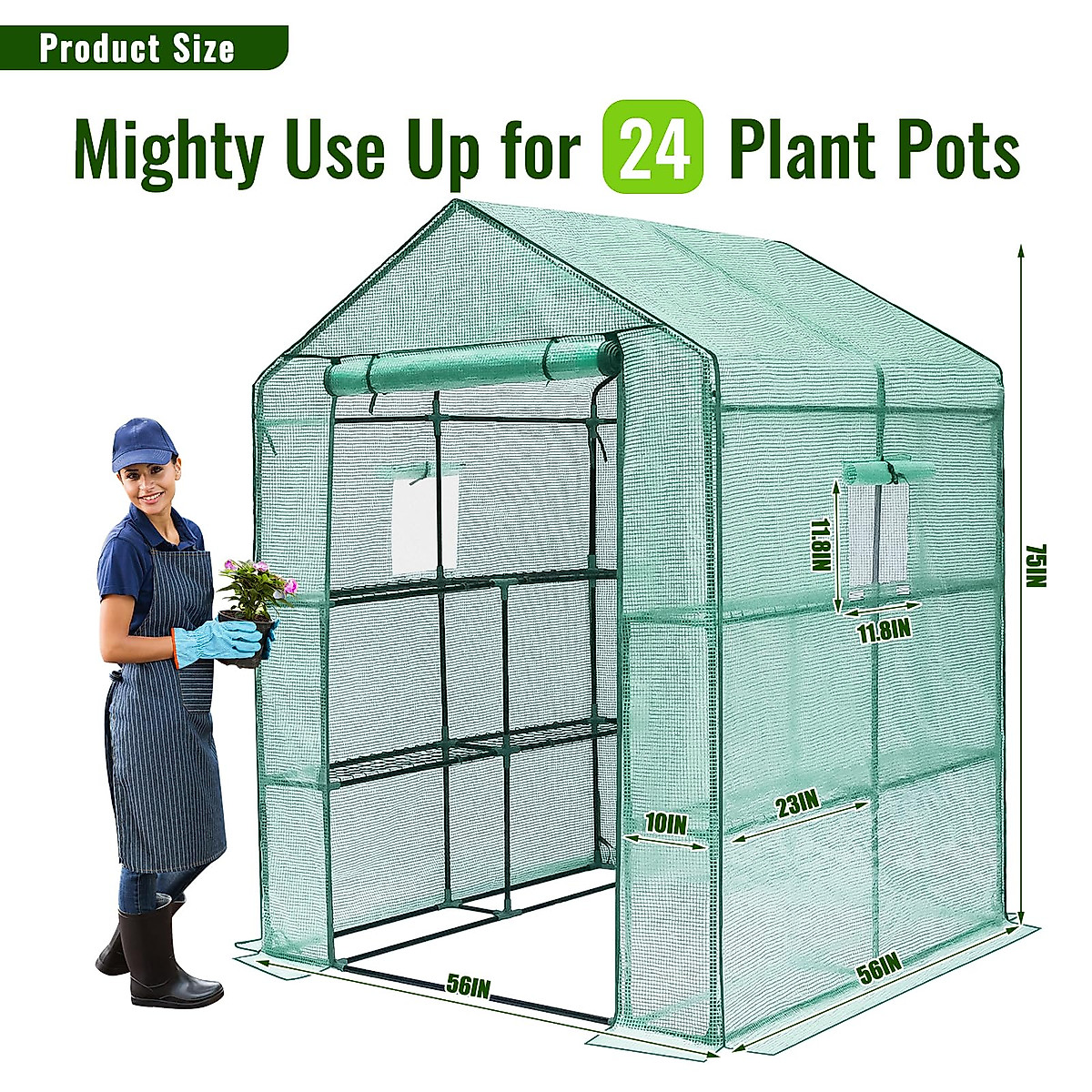 Greengro Greenhouse, 56 x 56 x 75'' Greenhouses for Outdoors, Durable Green House Kit with Window, Thicken PE Cover, 3 Tiers 8 Shelves, Heavy Duty Walk in Green Houses for Indoor Backyard Outside