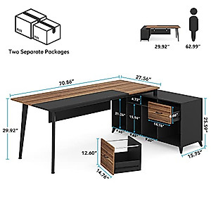 Tribesigns 70.8" Executive Desk with 43" Drawers File Cabinet, Large L-Shaped Computer Office Desk with Printer Stand, Business Furniture Workstation for Home Office
