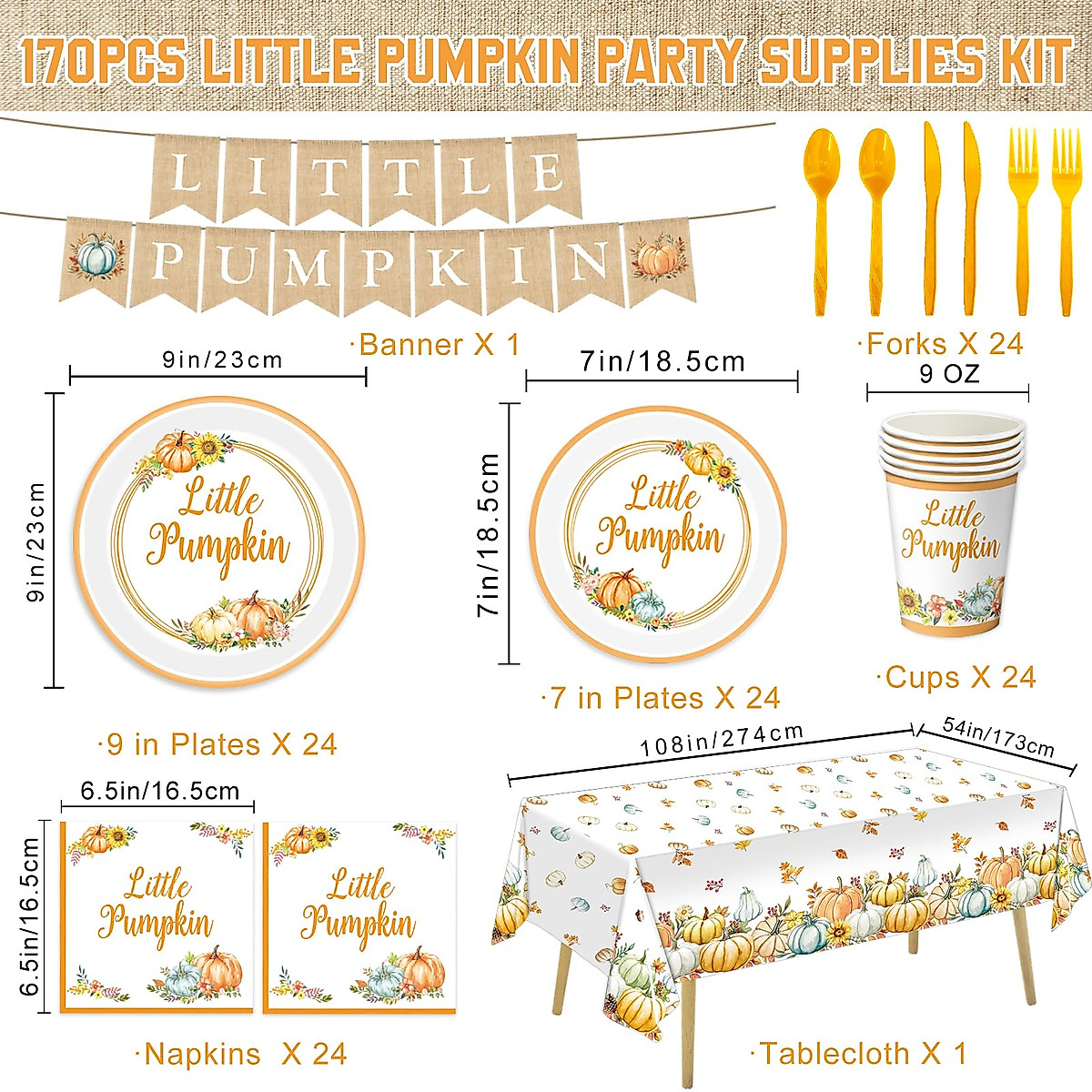 170PCS Little Pumpkin Baby Shower Decorations Plates, Cups, Napkins, Banner, Tablecloth and Cutlery for Fall A Little Pumpkin is On The Way Baby Shower, Serves 24