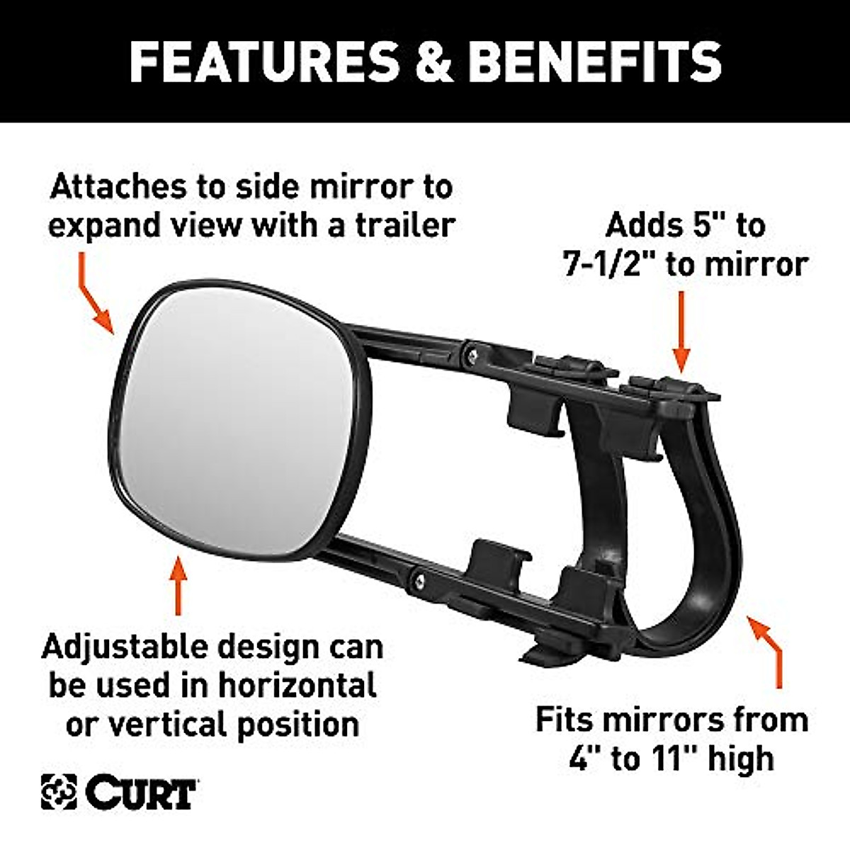 CURT 20002 5 x 7-1/2-Inch Universal Strap-On Adjustable Extendable Towing Mirror