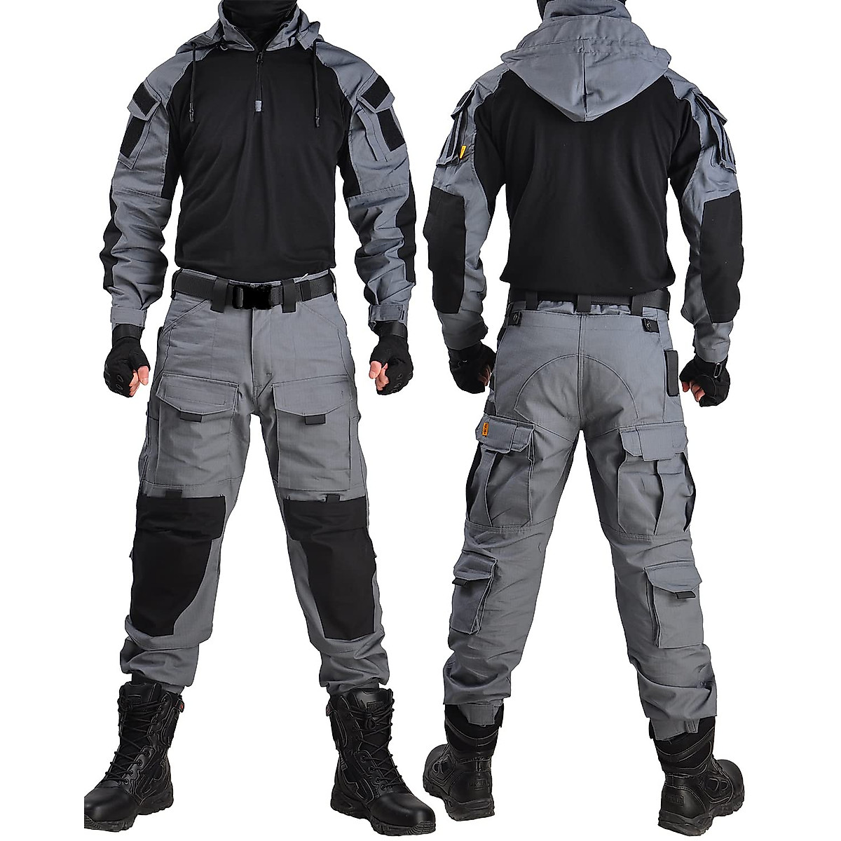 HAN·WILD Men's Tactical Suit Combat Pants and Shirts with Hood Military Uniform Airsoft Clothing with Knee Pads（GRAY）