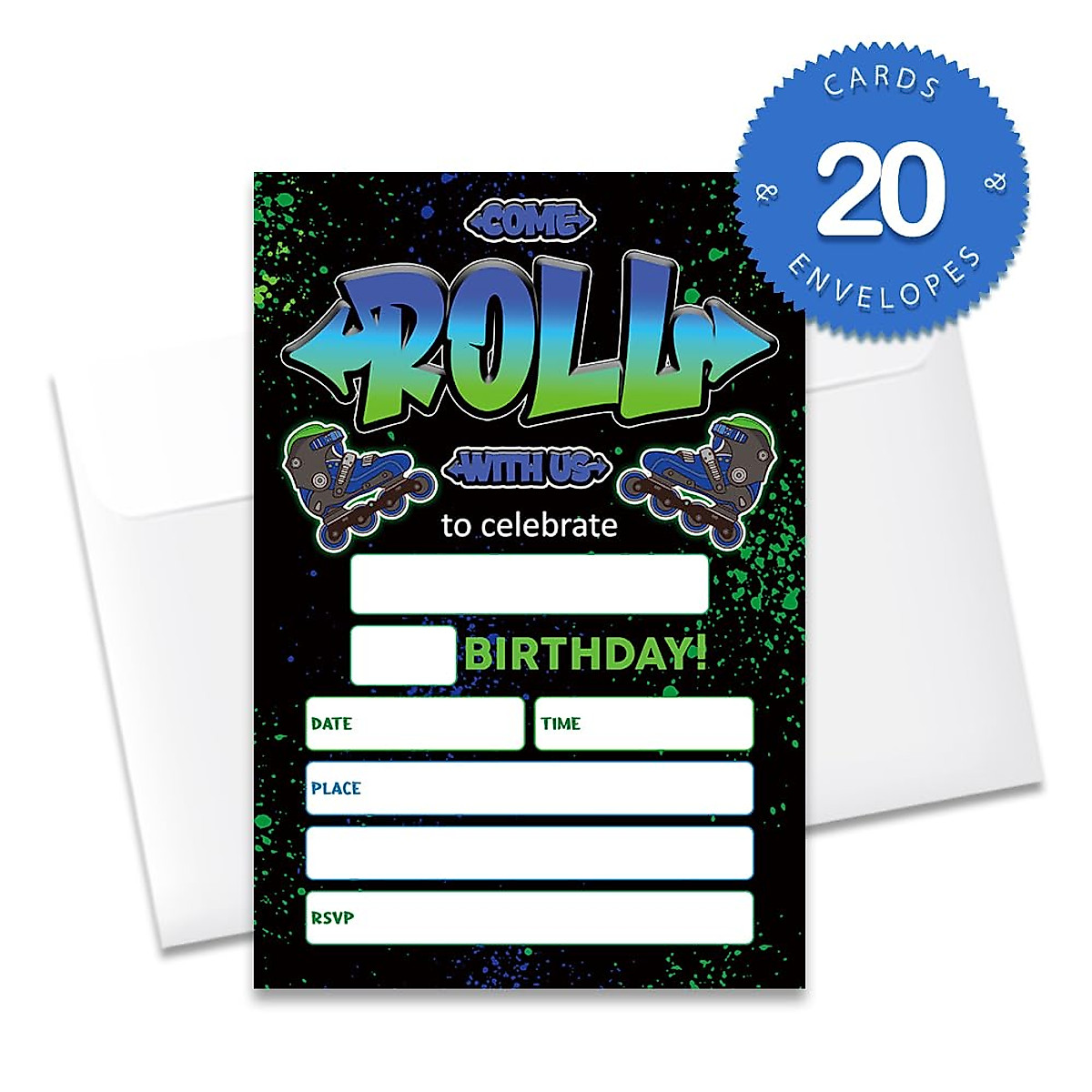 vohiro 20 Roller Skate Birthday Invitations Cards with Envelopes 4"x6" - Roller Skate Party Invitations, Decorations, Favors for Boys Girls Kids Teens. (Neon 033)