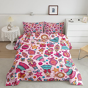 jejeloiu Pink Christmas Bedding Set King Size Xmas Theme Comforter Set for Kids Boys Girls Merry Christmas Tree Comforter Vintage Doll Print Duvet Set Bedroom Quilt Set