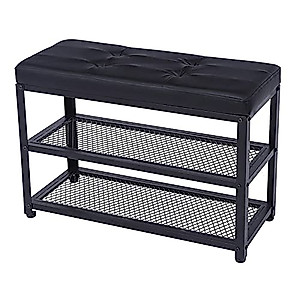 NA with Soft Cushion Stool Three-Layer Shoes Stool Frame 3-Layer Shoe Rack for Entrance PU Leather Metal Frame Suitable for Living Room Corridor 70 × 30 × 45cm Black