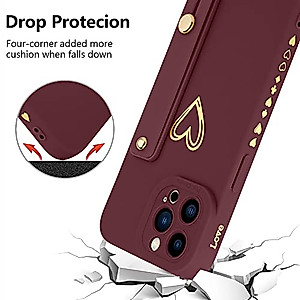 Fiyart Designed for iPhone 12 Pro Max Case with Phone Stand Holder Cute Love Hearts Protective Camera Protection Cover with Wrist Strap for Women Girls for iPhone 12 Pro Max 6.7"-Wine Red