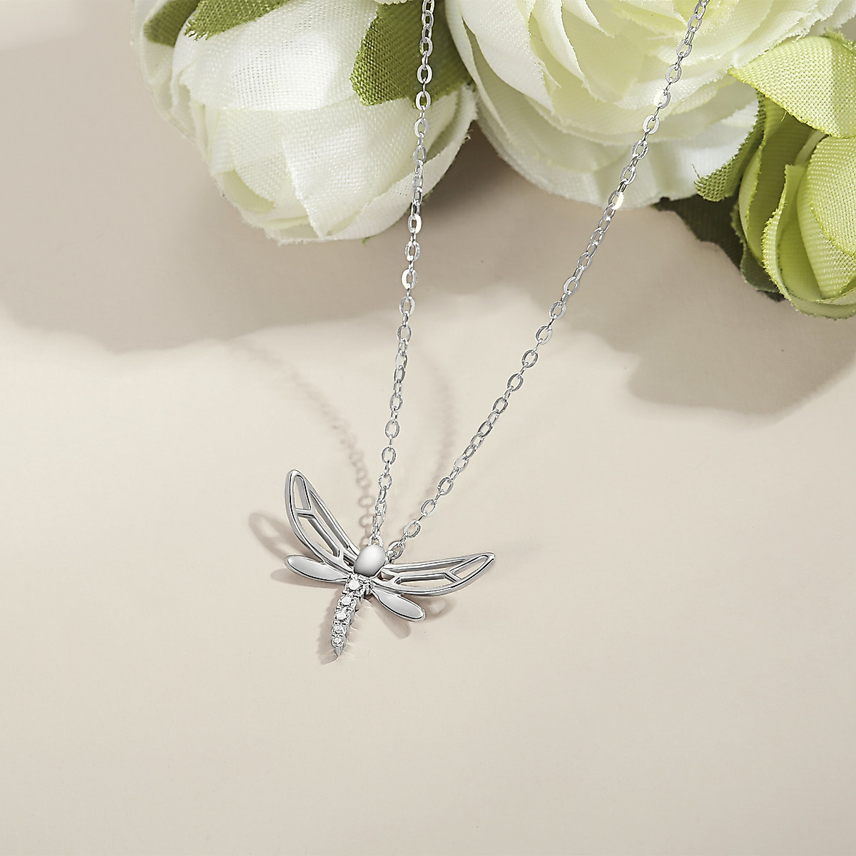 Carleen 14k Solid Gold CZ Simulated Diamond Small Cute Dragonfly Necklace Dainty Delicate Everyday Fine Jewelry Statement Pendant Valentines Day Gifts for Women Girls, 16+2" Gold Chain