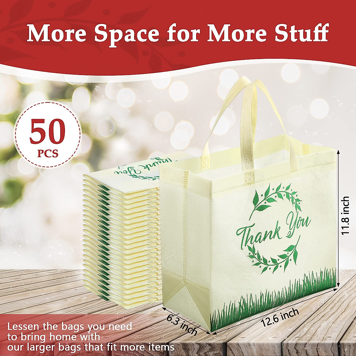 Xinnun 50 Pieces Thank You Tote Bags Bulk, Reusable Non Woven Tote Bags with Handles, Foldable Portable Fabric Tote Bag for Shopping, Grocery, Gift, Parties Boutiques Retail, 12.6 x 6.3 x 11.8 Inches