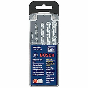 BOSCH BM5005 5-Piece Fast Spiral Rotary Masonry Carbide Tip Bits Assorted Set for Rotary Drilling Applications in Block, Brick, Masonry
