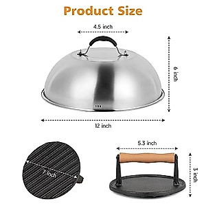 SHINESTAR Cast Iron Griddle Press with 12-Inch Melting Dome for Blackstone Griddle, Flat Top Grill & Griddle Accessories, Ideal for Patty, Burger, Bacon, Panini, Indoor and Outdoor Cooking