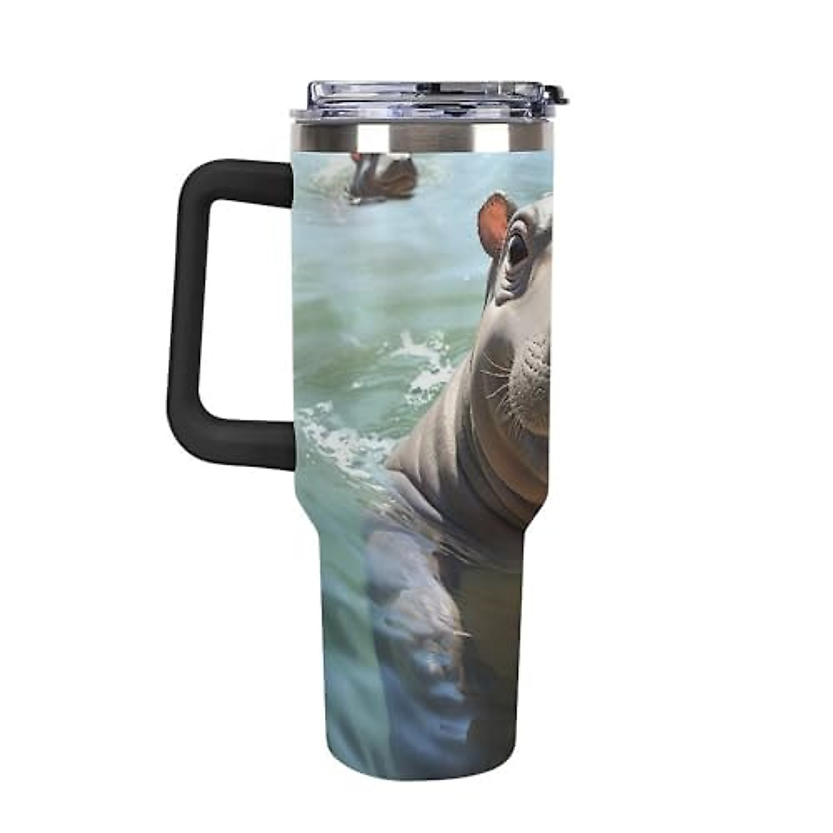 YTLKGFP 40 Oz Large Capacity Car Cup Cute Hippos Tumbler with Handle (Black) Straw Lid Insulated Stainless Steel Water Bottle Travel Mug Leak-proof Car Cup Keeps Cold Or Hot
