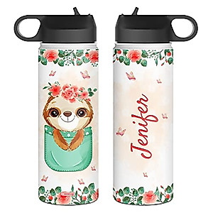 wowcugi Personalized Sloth Water Bottle Stainless Steel Sport Bottles Insulated 12oz 18oz 32oz Travel Cups Gifts for Lazy Sloths Lovers Birthday Christmas Back To School Presents Idea