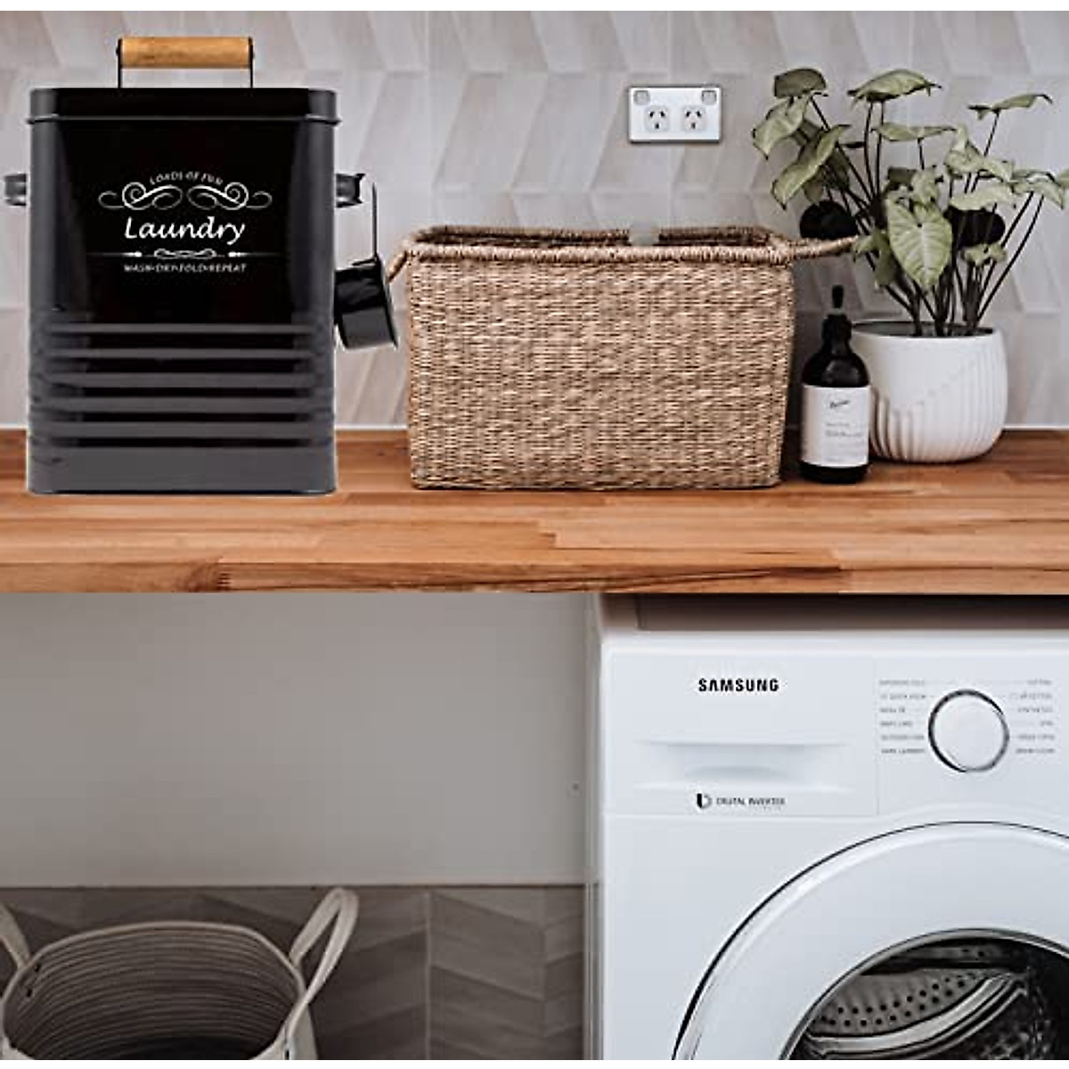 ELITAPRO Laundry Powder Container with Scoop Modern Farmhouse Laundry Powder Metal Box Dispenser with Lid Laundry Room Storage Decor and Accessories (Black)