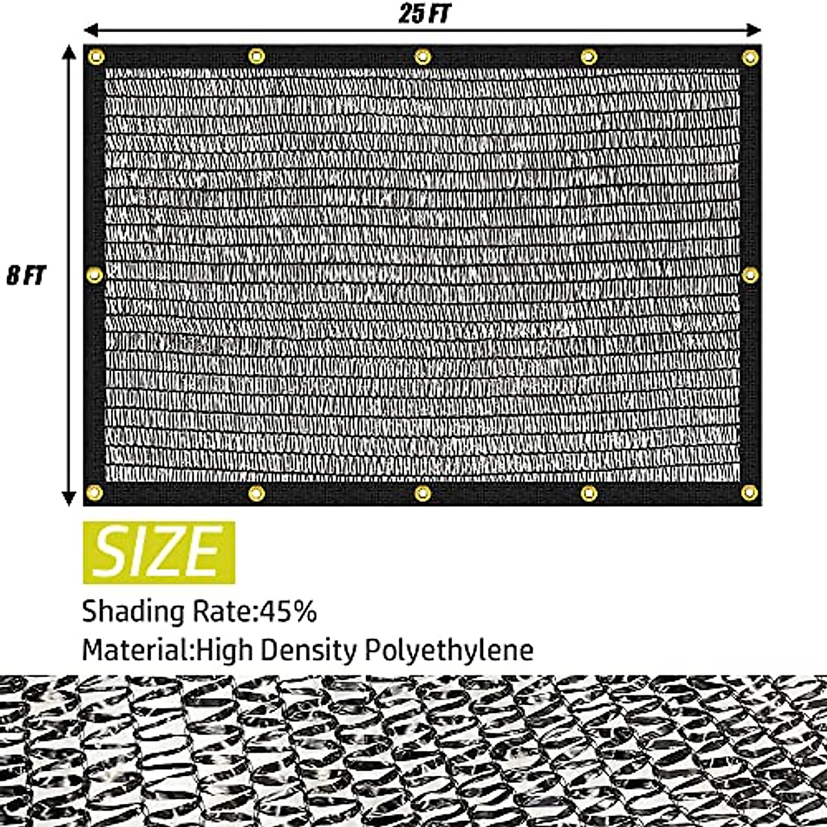 JUNKOGO Shade Cloth,8'x25',40% Black Sun Mesh UV Resistant Net with Brass Grommets for Garden Plant Cover,Greenhouse