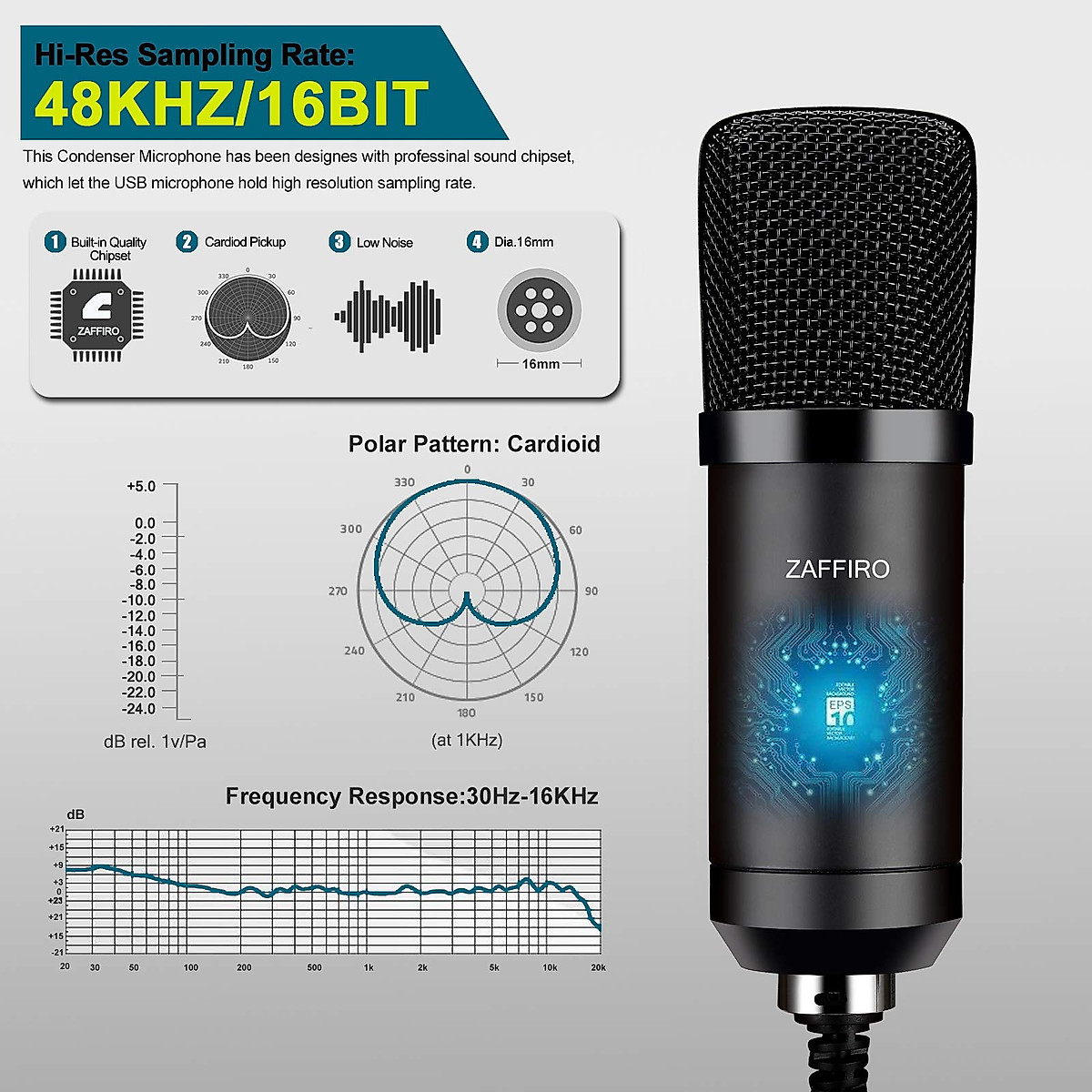 ZAFFIRO USB Microphone, Professional Grade Condenser Microphone, Professional Microphone Kit, Computer Microphone Kit, Adjustable Stand for Professional Recording Studio, Karaoke, Conference Hosting