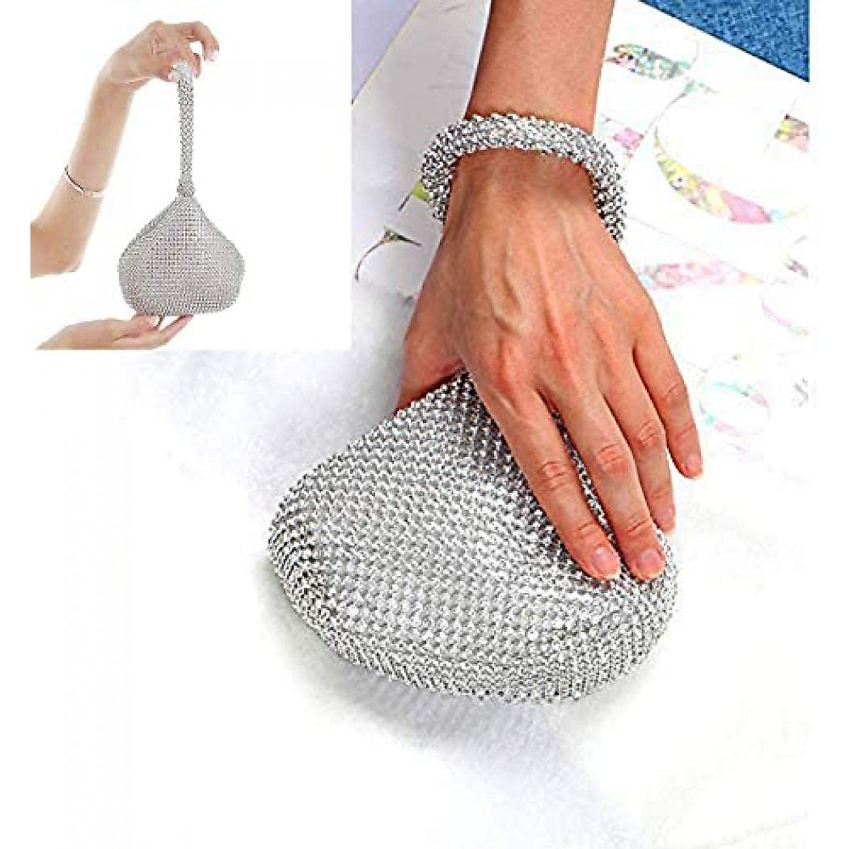 Women's Evening Bag Rhinestone Purse Handbags Triangle Style Chain Clutch Purse Bag Sparkly Party Prom Wedding Purse (Silver)