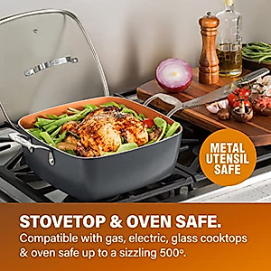 Gotham Steel Nonstick Square Deep Frying Pan, 9.5” Large Frying Pan & Cooking Pan with Ceramic Nonstick Coating, 4 Pc Titanium Ceramic Deep Frying Pan with Lid, Basket & Steamer Tray, Dishwasher Safe