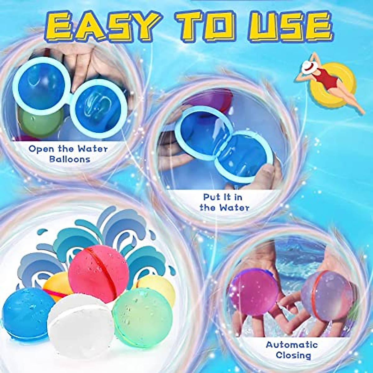 Reusable Water Balloons, Splash Water Bomb Balloons, Quick Fill Self Sealing, Magnetic Refillable Silicone Water Balloons for Kids Adults, Latex-Free Silicone Water Balloons, Pool Water Toys (6PCS)