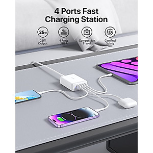 SOOPII 25W USB Charger, Charging Station with 4 USB Ports with 5ft Power Cord for Multiple Device, Wall Charger for iPhone 14, Galaxy, IPad,Tablets and Smartphones.…